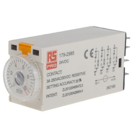 RS PRO Plug In Single Function Timer Relay, 24V DC, 4PDT, 0.5 to 10min ...
